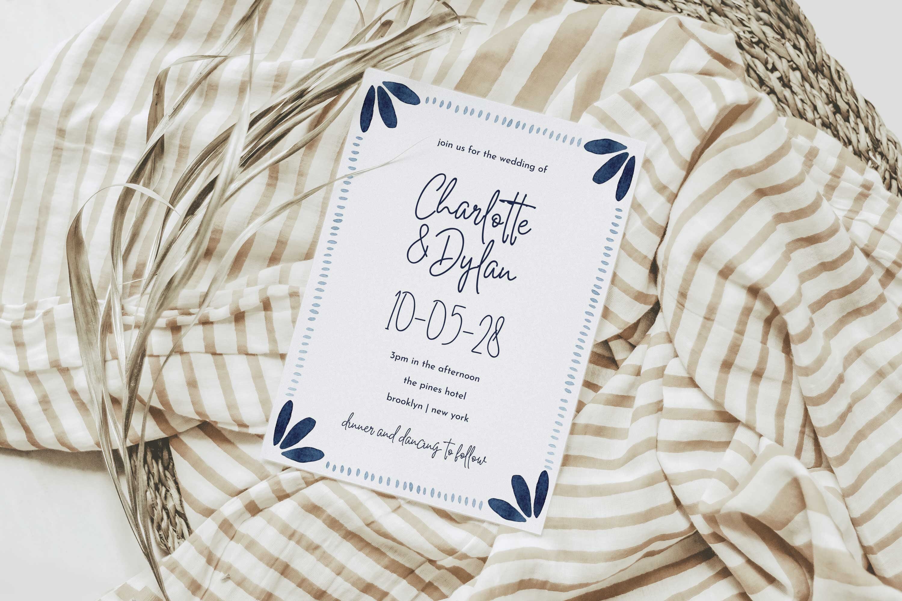 Blue Watercolor Hand Painted Border Wedding Invitation Printable Template for Canva. Hand ...