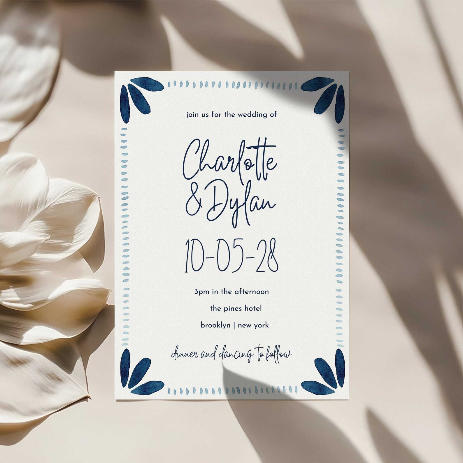 Blue Watercolor Hand Painted Border Wedding Invitation Printable Template for Canva. Hand ...