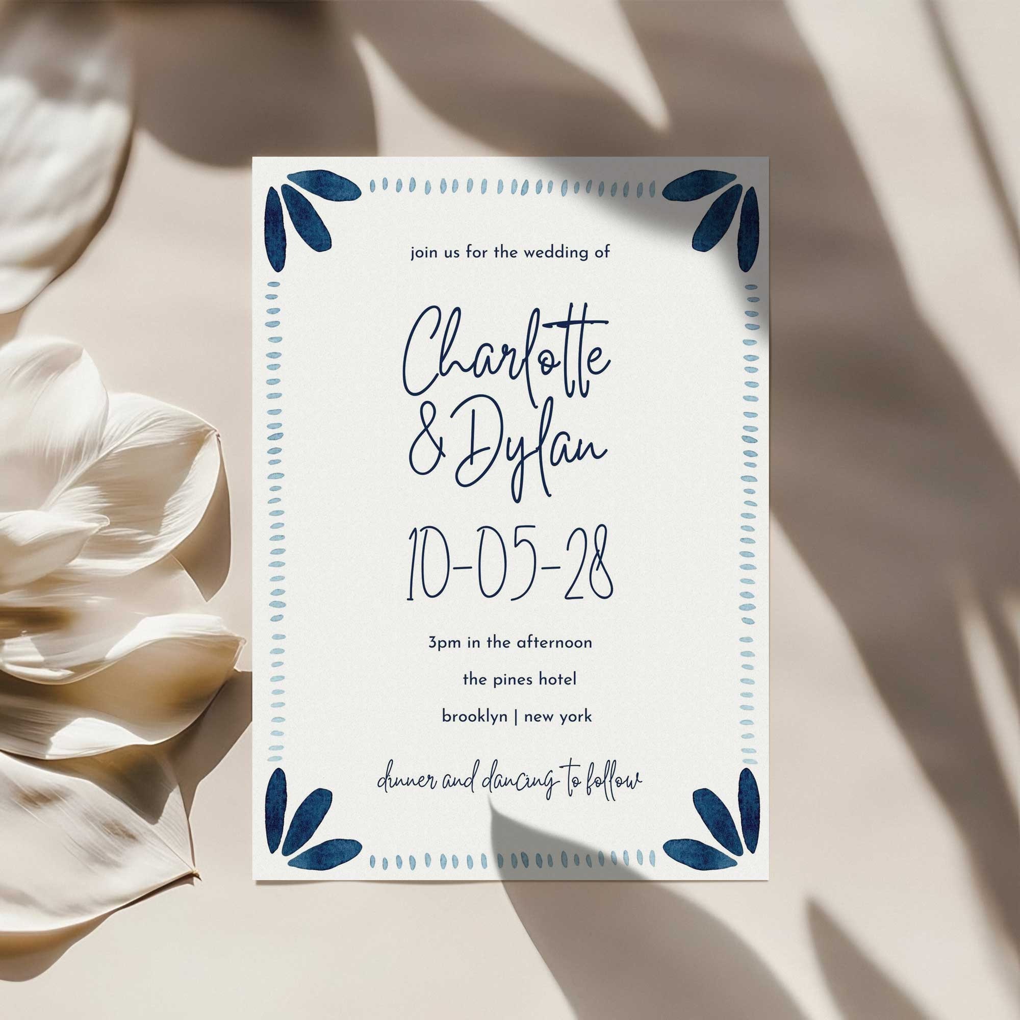 Blue Watercolor Hand Painted Border Wedding Invitation Printable ...