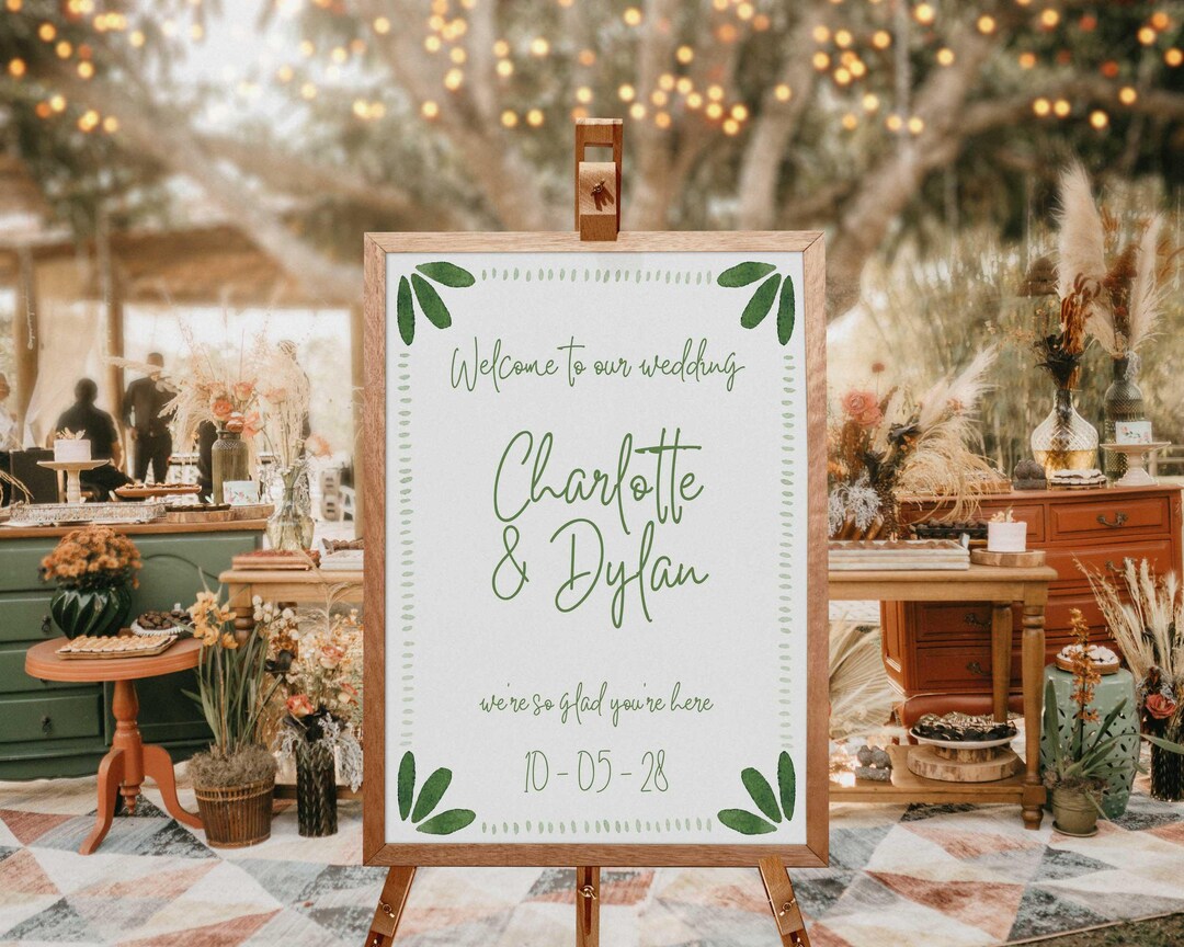 Wedding Welcome Sign Canva Template Watercolor Modern Art Deco Border ...