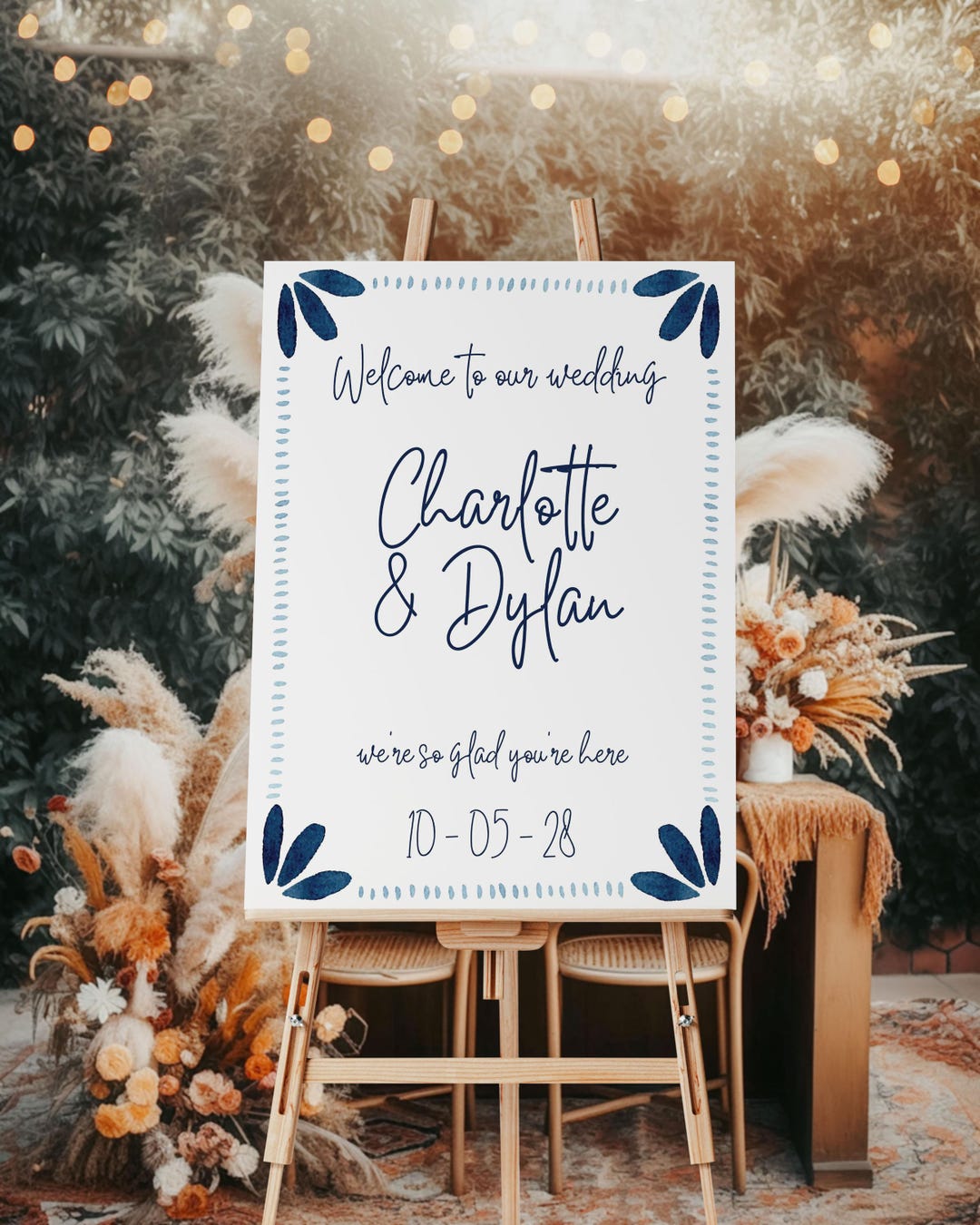 Welcome Sign Canva Template Blue Watercolor Modern Art Deco Border for ...