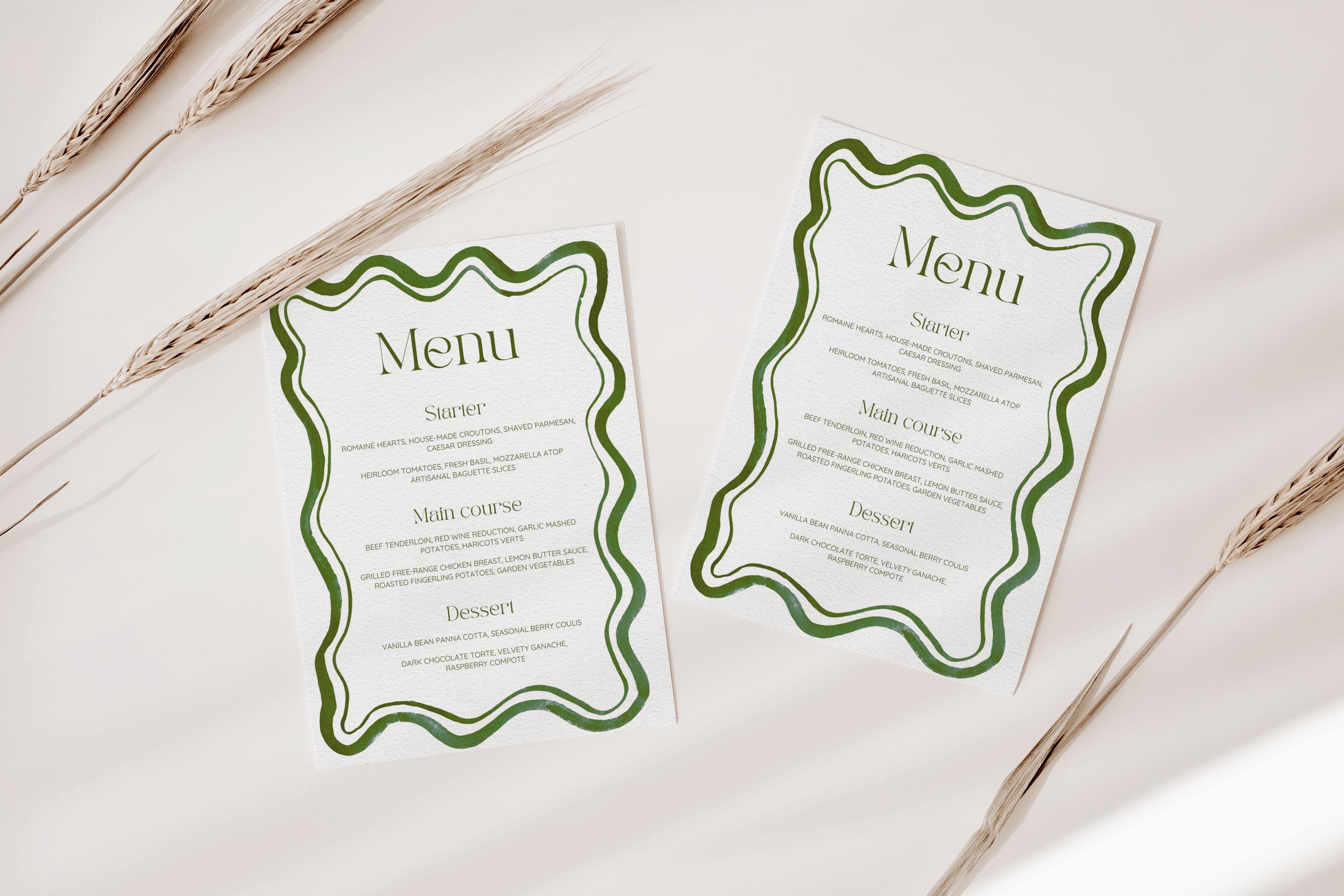Retro Green Watercolor Wedding Menu Template | Wavy Scalloped Border ...