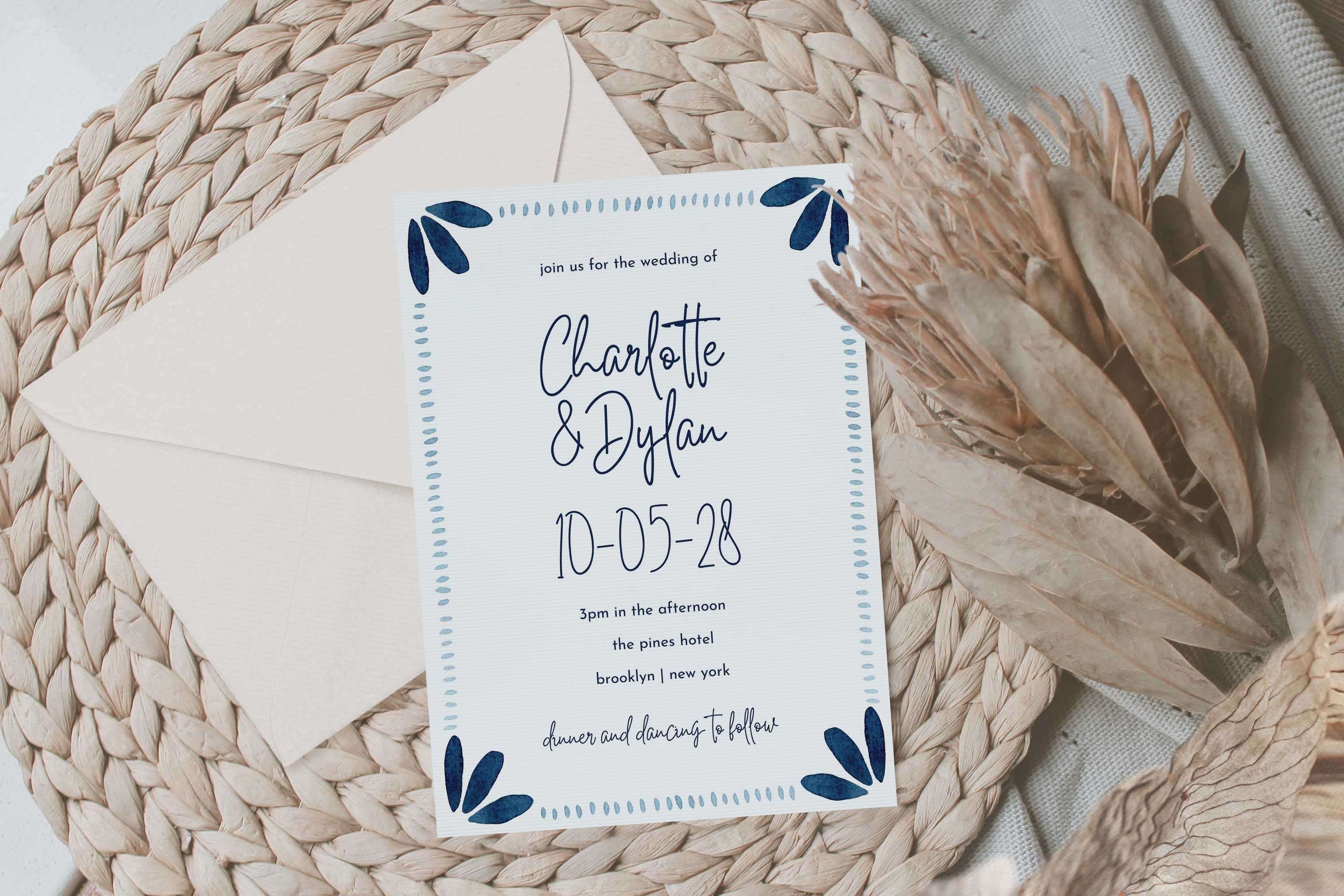Blue Watercolor Hand Painted Border Wedding Invitation Printable Template for Canva. Hand ...