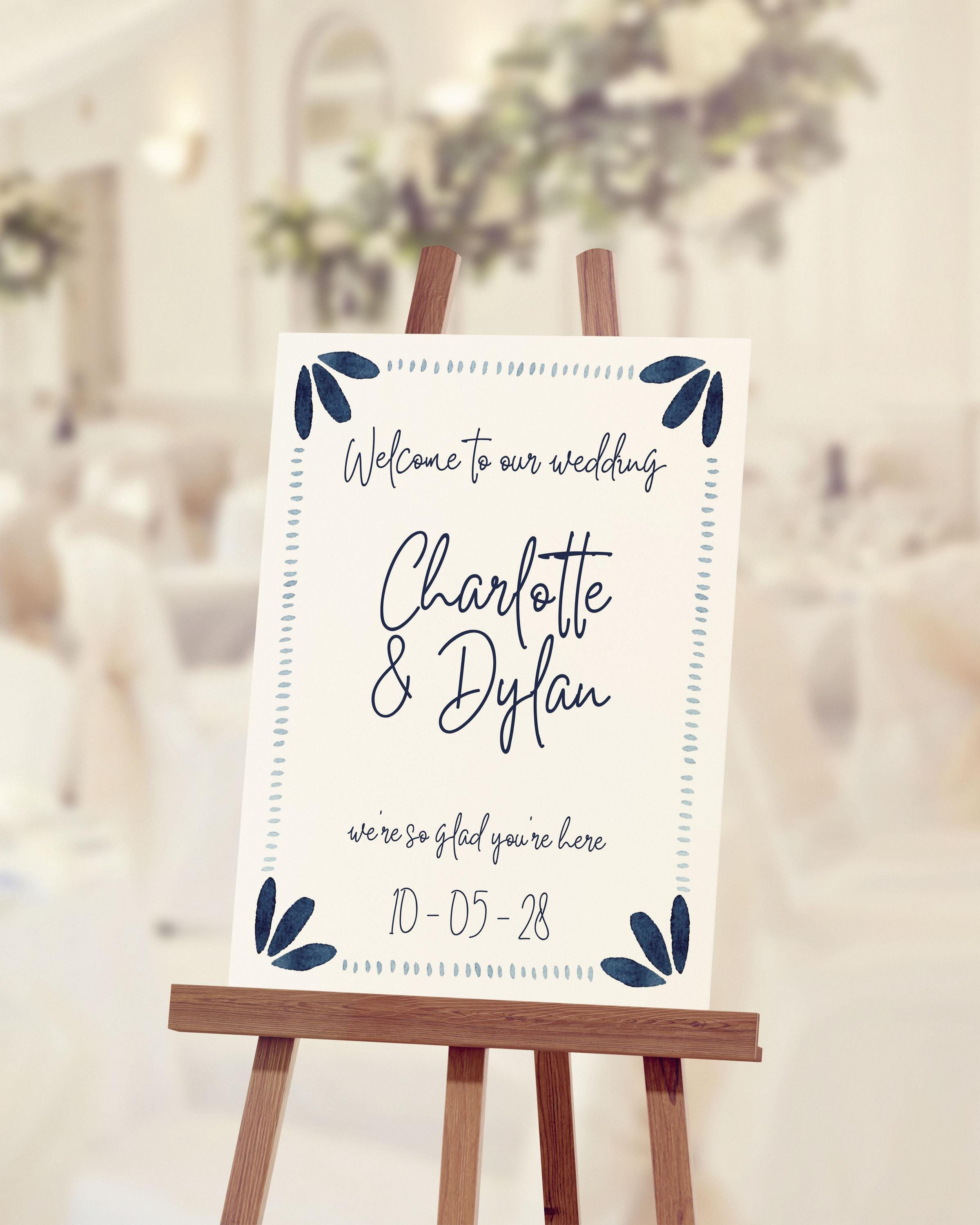 Welcome Sign Canva Template Blue Watercolor Modern Art Deco Border for ...