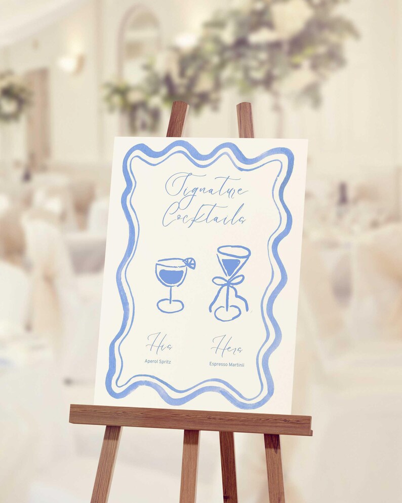 Signature Cocktail Menu Template French Blue Watercolor Wavy Coastal ...