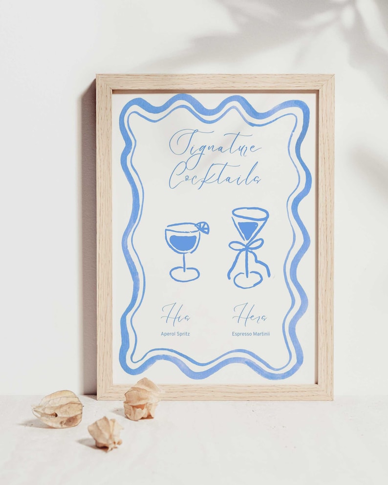 Signature Cocktail Menu Template French Blue Watercolor Wavy Coastal ...