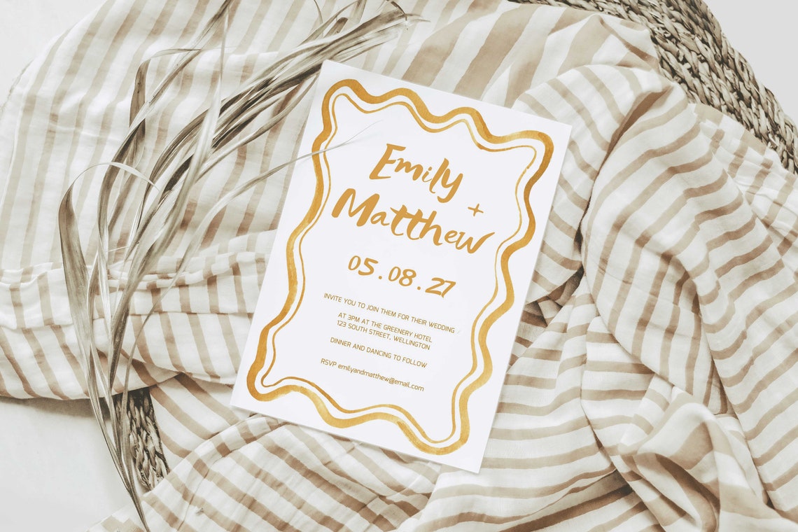 Wedding Invitation Template Retro Wavy Scalloped Border Yellow ...