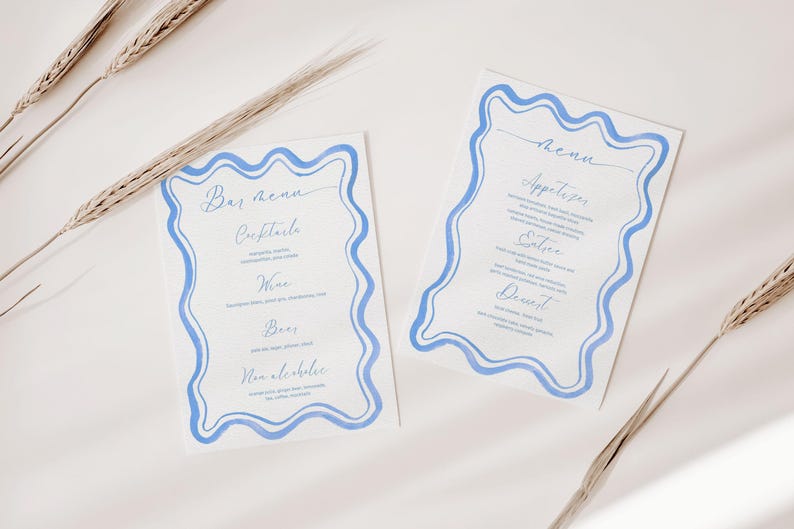Wedding Menu Template French Blue Watercolor Wavy Coastal Scalloped ...