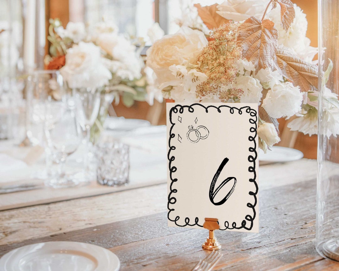Table Number Template Fun Hand Drawn Border With Wedding Ring Quirky ...