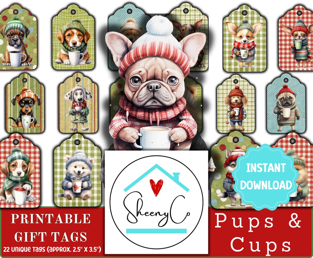 CUPS AND PUPS 22 Printable Christmas Holiday Gift Tags Dogs and Coffee ...