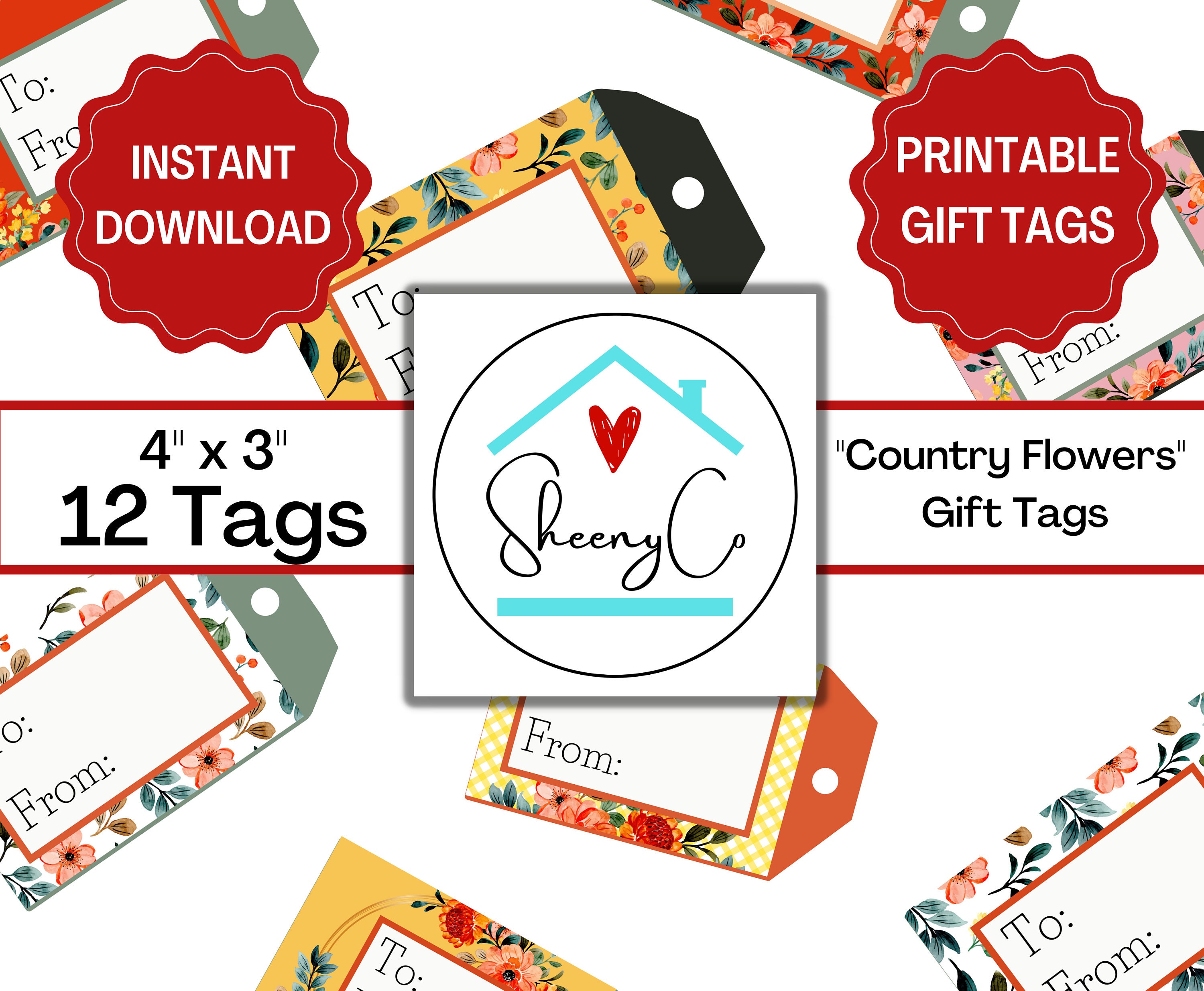 Country Flowers Gift Wrap Printable Gift Tags Instant Download Pretty ...
