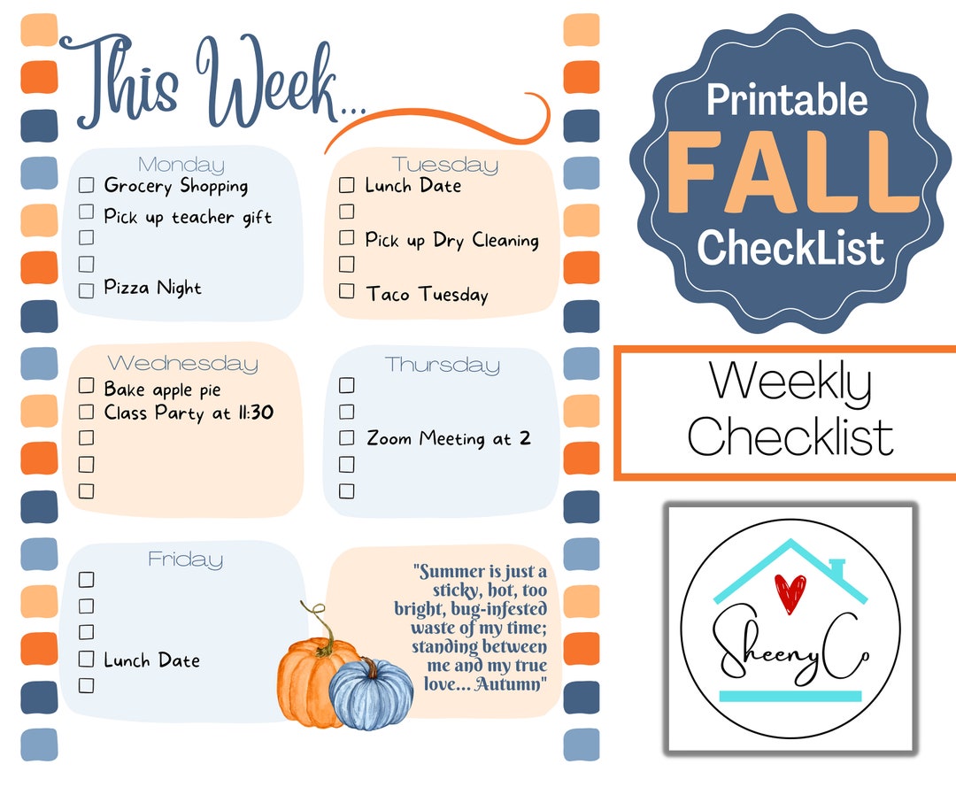 PUMPKIN Fall Weekly Checklist Autumn Weekly Schedule Printable 8.5"x11 ...