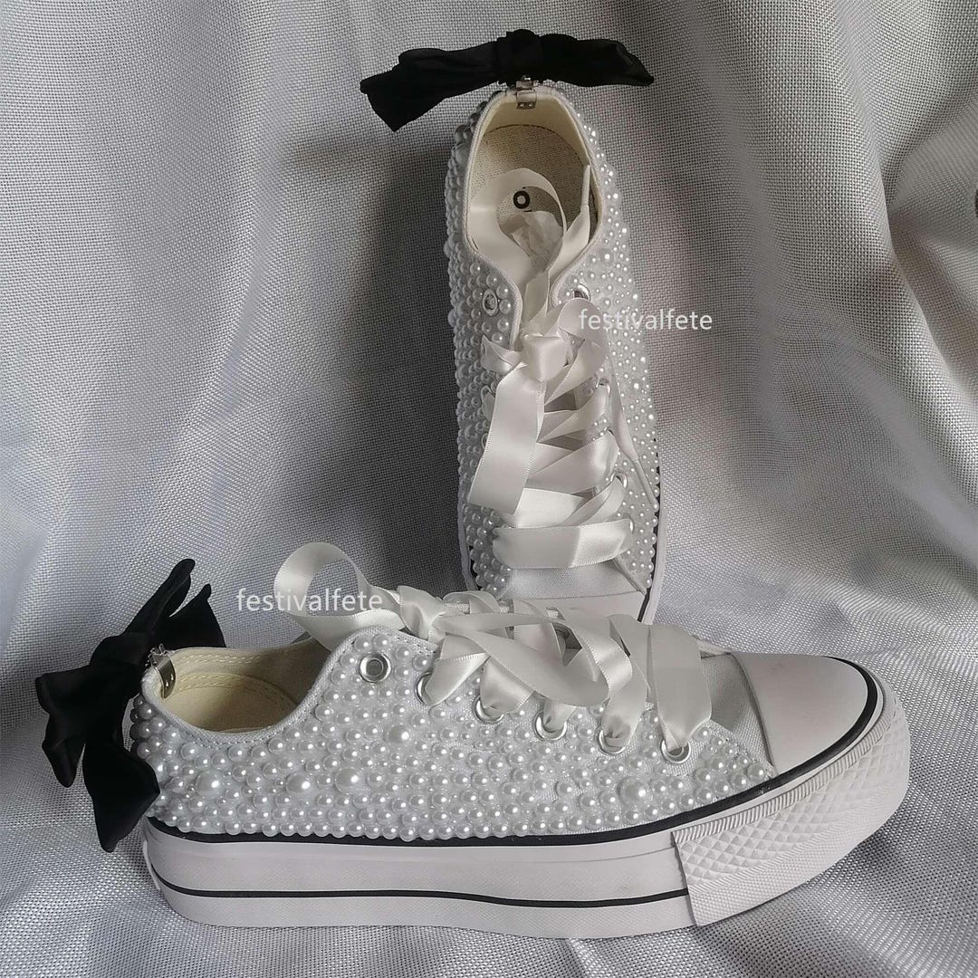 Bow Converse Custom Bling Low Top Bridal Sneakers -full Pearl Platform ...