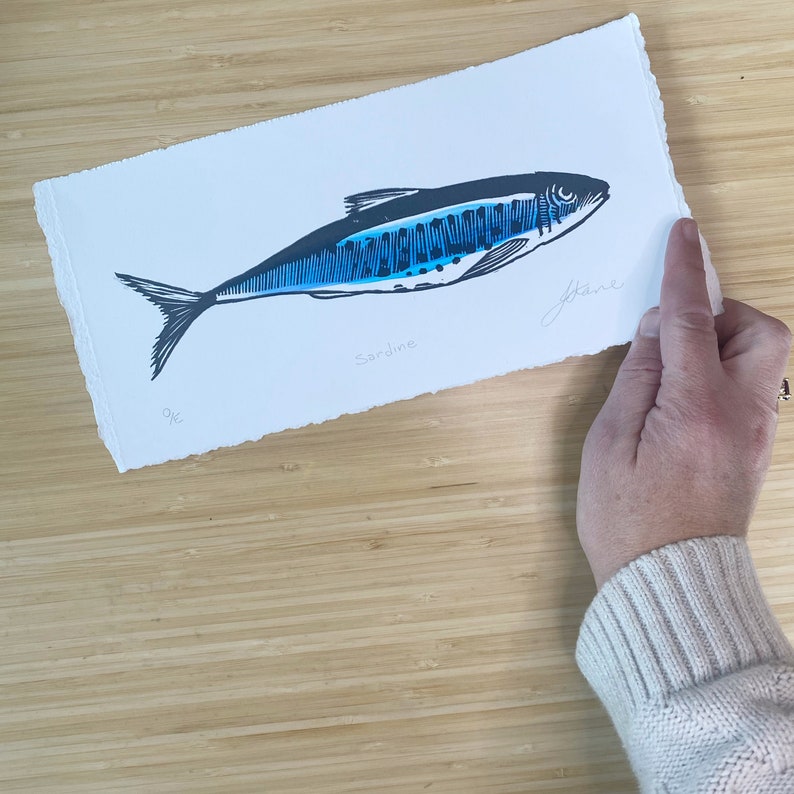 Hand-painted Sardine Lino Cut Print - Etsy