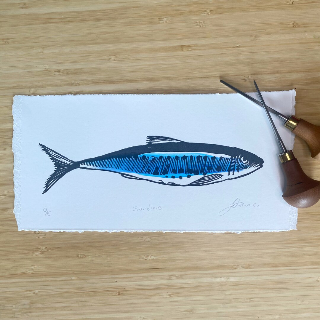 Hand-painted Sardine Lino Cut Print - Etsy