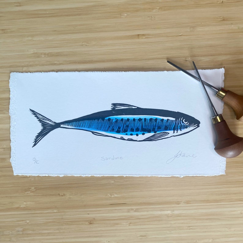 Hand-painted Sardine Lino Cut Print - Etsy