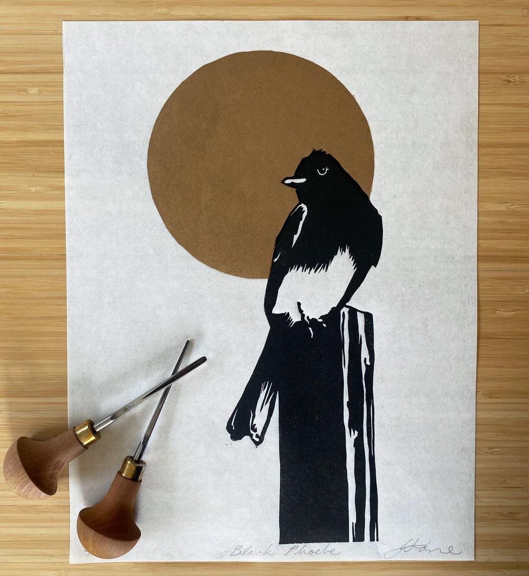 Black Phoebe | Lino Cut Print | Bird Art | Linoart | Limited Edition ...