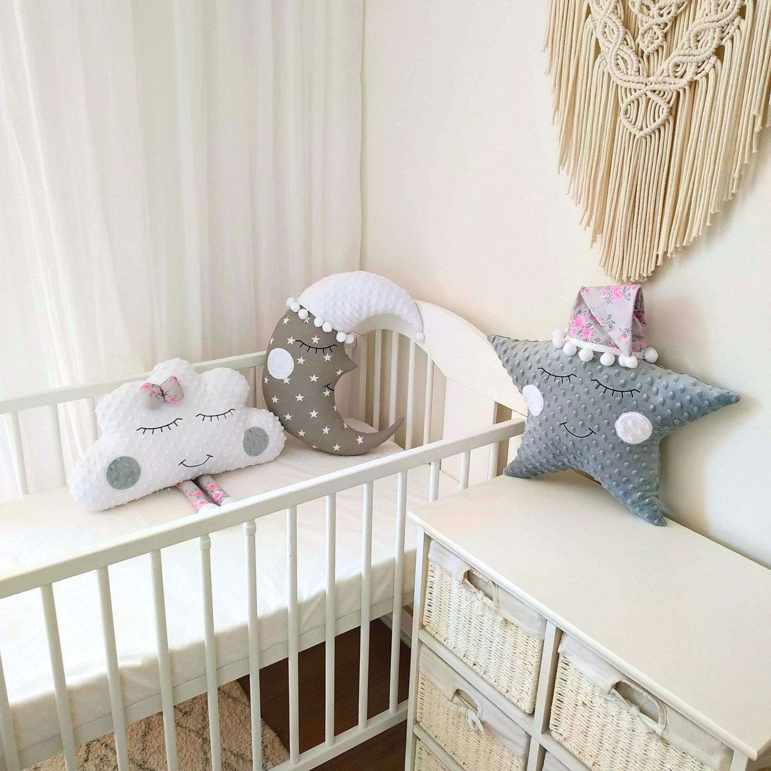 Whimsical Baby Shower Pillows, Moon and Cloud Nursery Decor in Serene White Hues, Grey Cushion ...