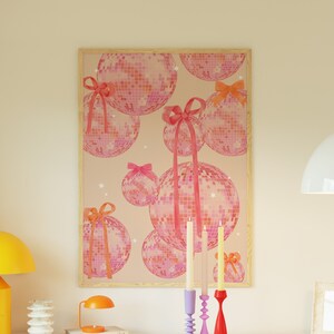 Trendy Disco Coquette Bow Print, Preppy Pink and Orange Disco Balls ...