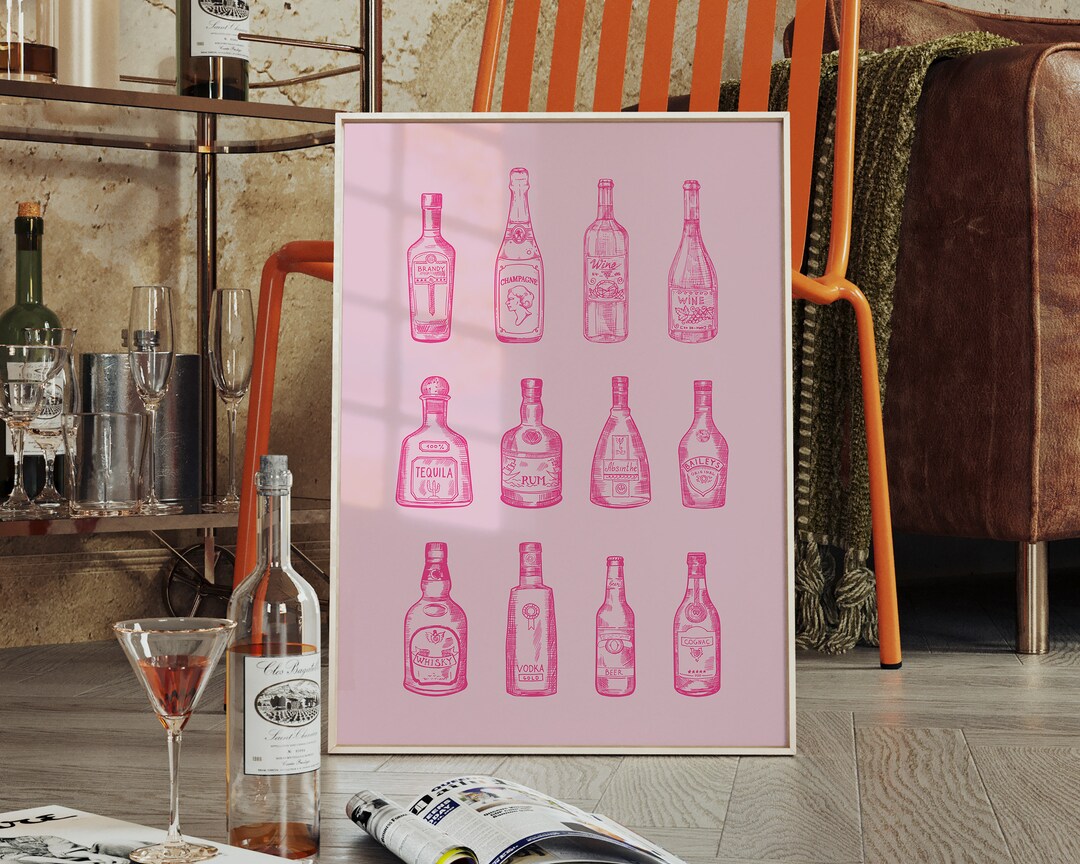 Hot Pink Alcohol Print, Bar Cart Decor, Printable Wall Art, Preppy Dorm ...
