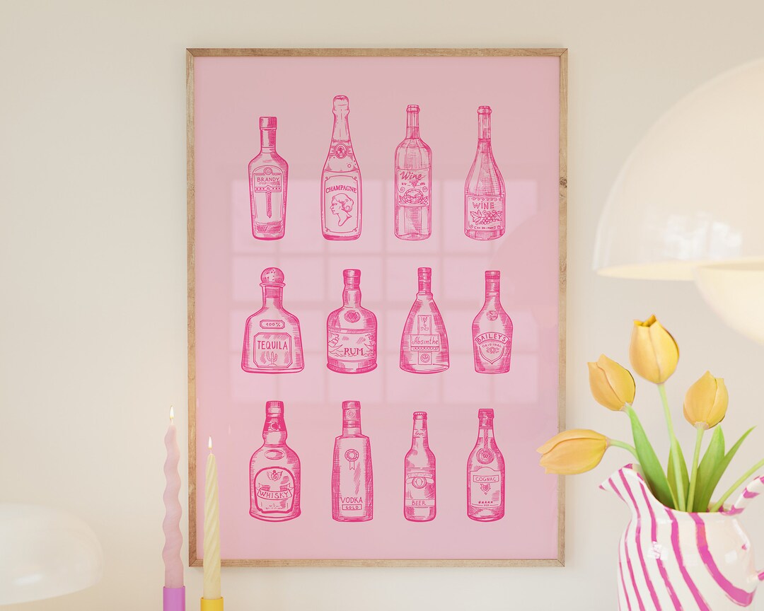 Hot Pink Alcohol Print, Bar Cart Decor, Printable Wall Art, Preppy Dorm ...