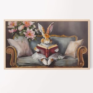 Bunny Frame TV Art, Rabbit Reading a Book Painting, Cottagecore Decor ...