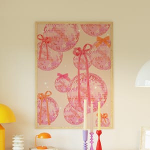 Trendy Disco Coquette Bow Print, Preppy Pink and Orange Disco Balls ...