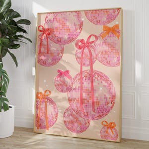 Trendy Disco Coquette Bow Print, Preppy Pink and Orange Disco Balls ...