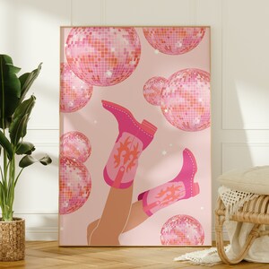 Cowgirl Boots and Disco Ball Poster Pink and Orange Wall Art - Etsy