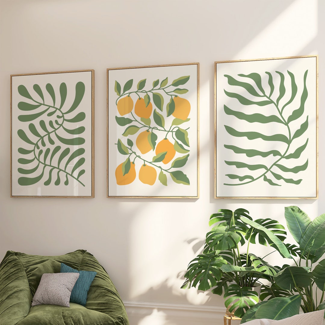 Lemon Print Set of 3, Yellow and Sage Green Floral, Botanical Kitchen ...