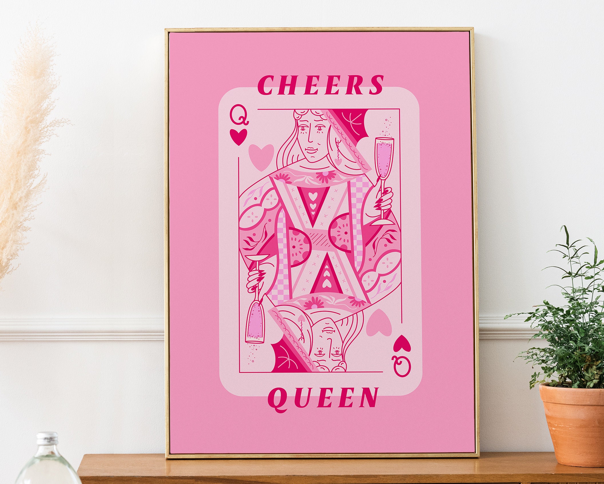 Pink Queen of Hearts Playing Card Print Trendy Bar Cart - Etsy