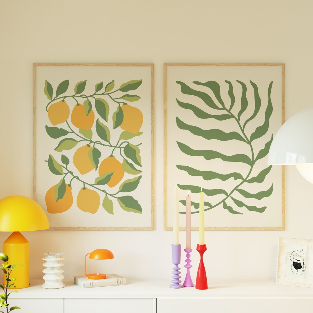 Floral Botanical Lemon Print Set of 2, Yellow and Sage Green, Kitchen ...