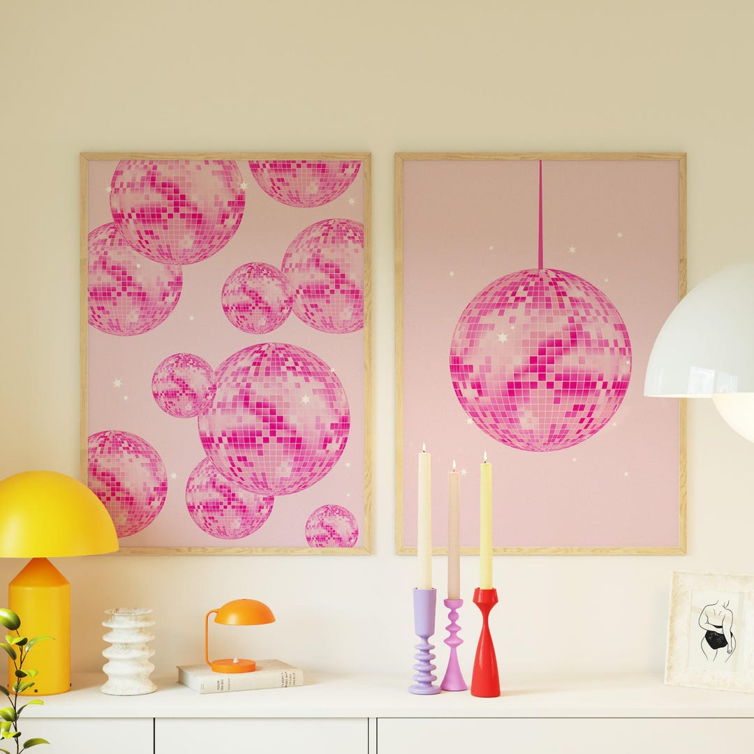Hot Pink Wall Art Disco Ball Print Set of 2, Preppy Trendy Printable ...