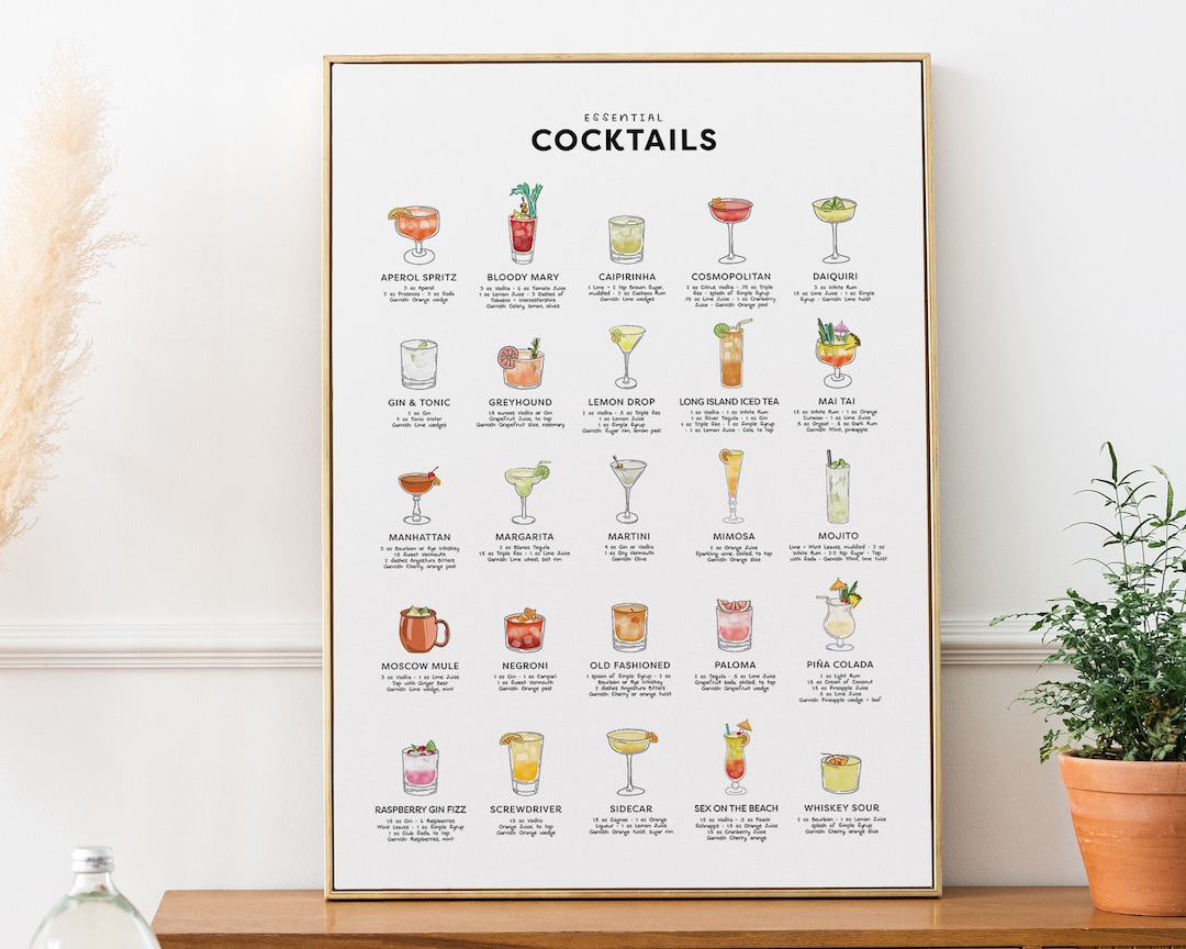 25 Classic Cocktails Print, Bar Cart Decor Gift, Cocktail Guide, Essential Cocktail Printable ...