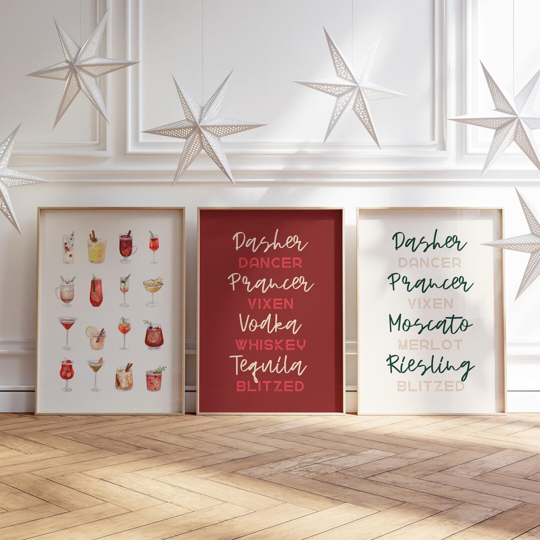 Funny Christmas Prints Set of 3, Printable Wall Art, Reindeer Bar Cart ...
