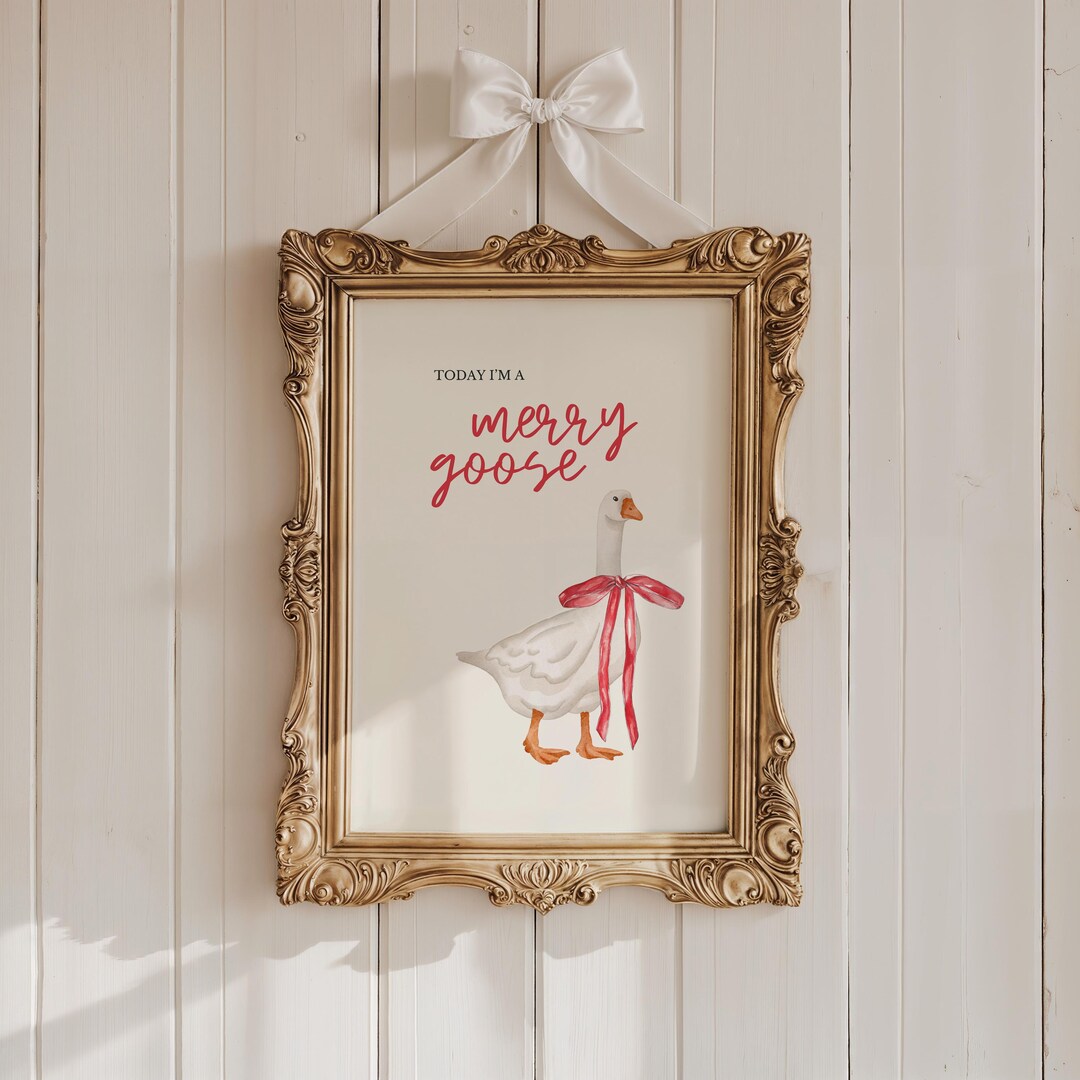 Merry Goose Christmas Print Red Bow Nursery Holiday Decor - Etsy