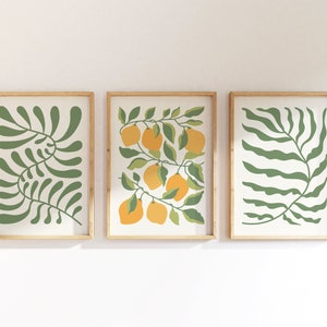 Lemon Print Set of 3, Yellow and Sage Green Floral, Botanical Kitchen ...