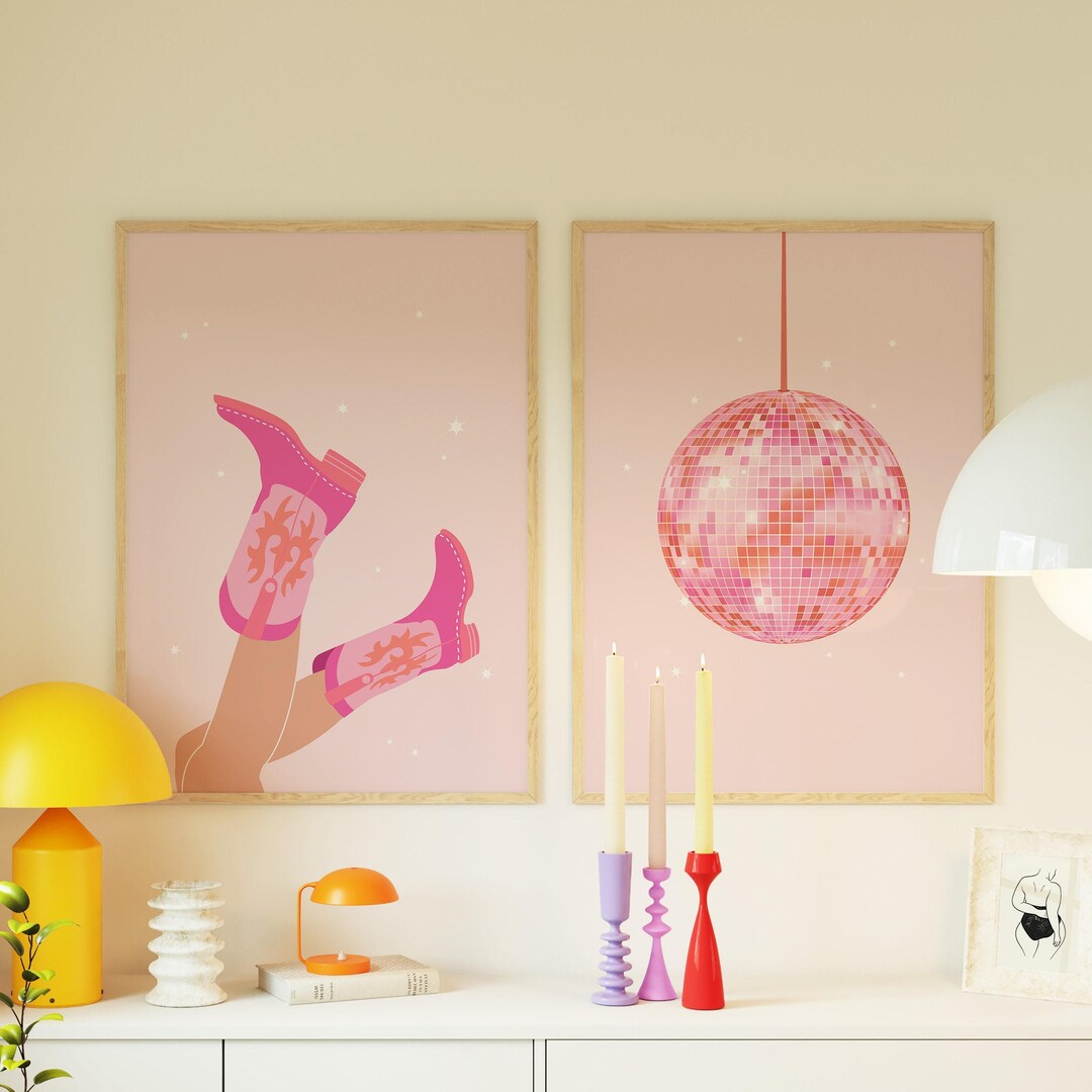 Cowgirl Boots Disco Print Set: Pink Western Dorm Decor (digital ...
