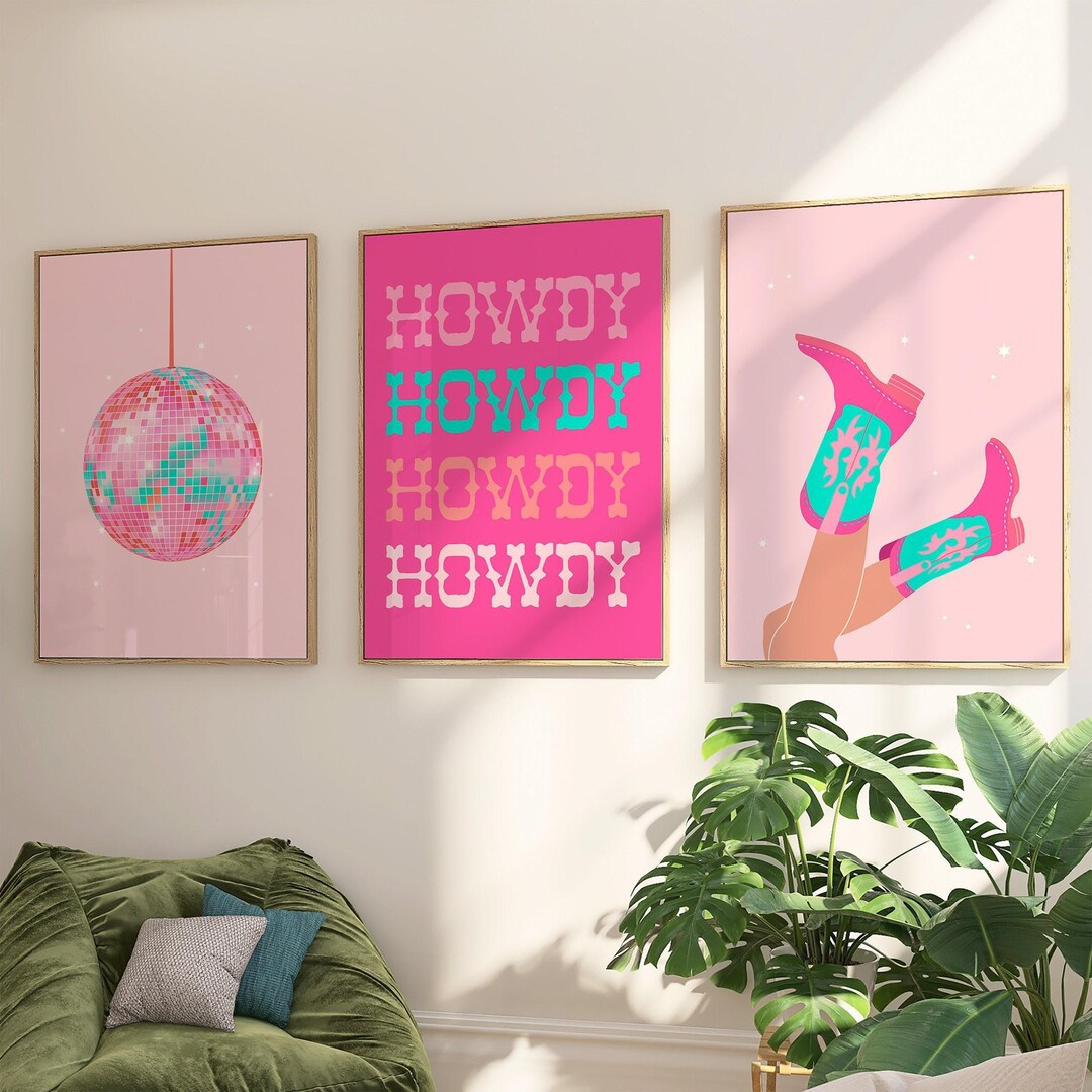 Western Disco Cowgirl Print Set of 3: Hot Pink Teal Dorm Decor (digital ...