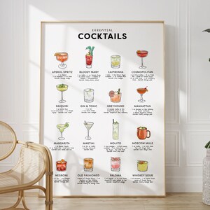 16 Classic Cocktails Print Poster, Bar Cart Decor, Cocktail Recipes ...