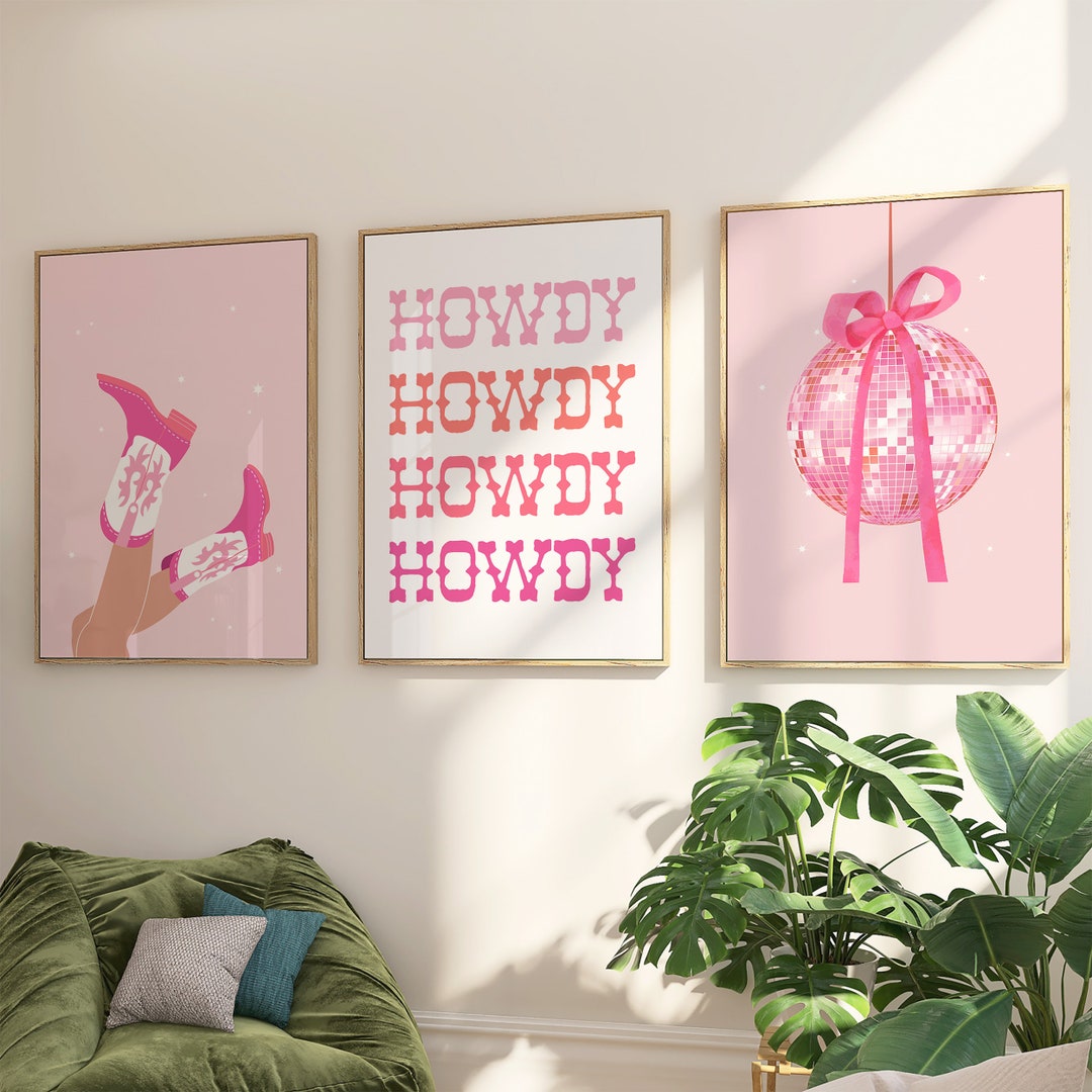 Pink Disco Ball Cowgirl Print Set of 3, Coquette Bow, Preppy Wall Art ...