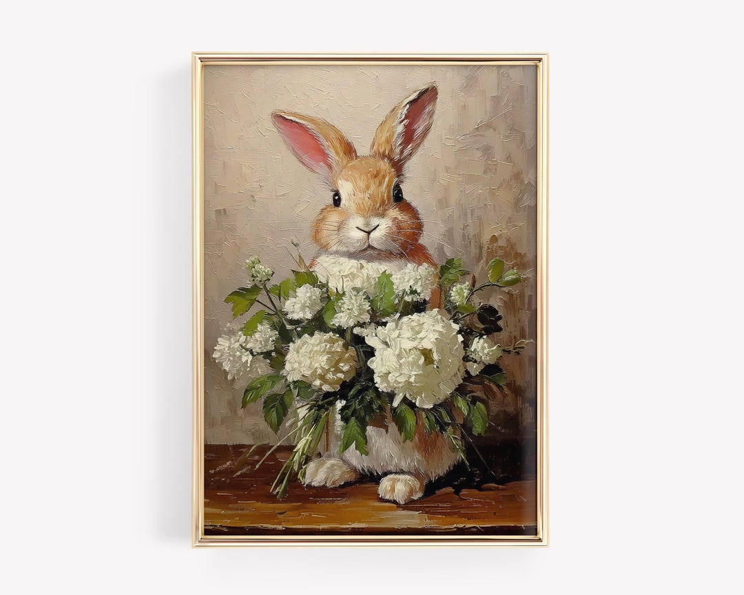 Bunny With Flowers Print, Cute Spring Easter Rabbit Art, Vintage ...