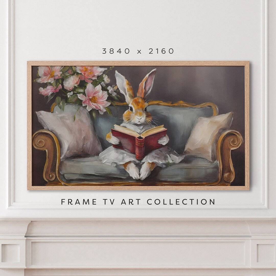 Bunny Frame TV Art, Rabbit Reading a Book Painting, Cottagecore Decor ...