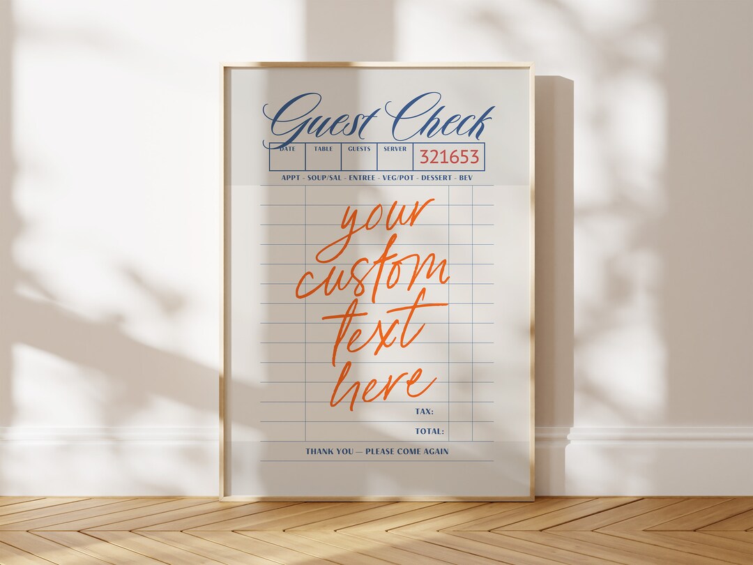Trendy Guest Check Custom Art Print, Retro Girl Dinner, Printable Wall ...