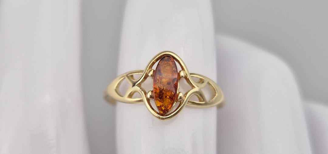 Handcrafted Brown Amber Ring: Gold Plated Sterling Silver 925 ...