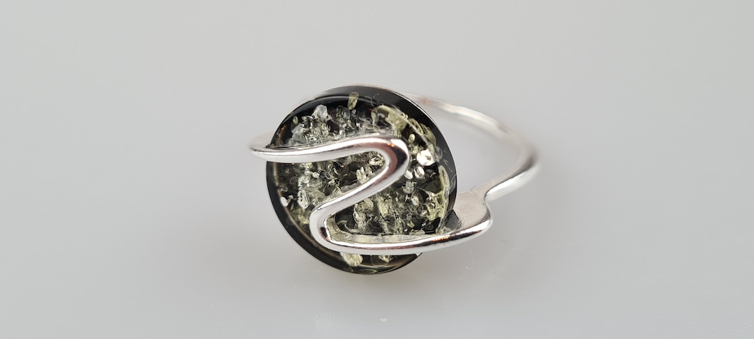 Green Amber Ring, Modern Ring, Sterling Silver 925, Baltic Amber Ring ...