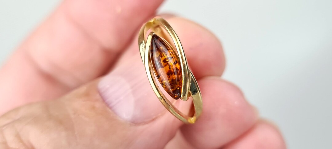 Cognac Amber Ring, Classic Gold Plated Ring, Silver and Gold Plated ...