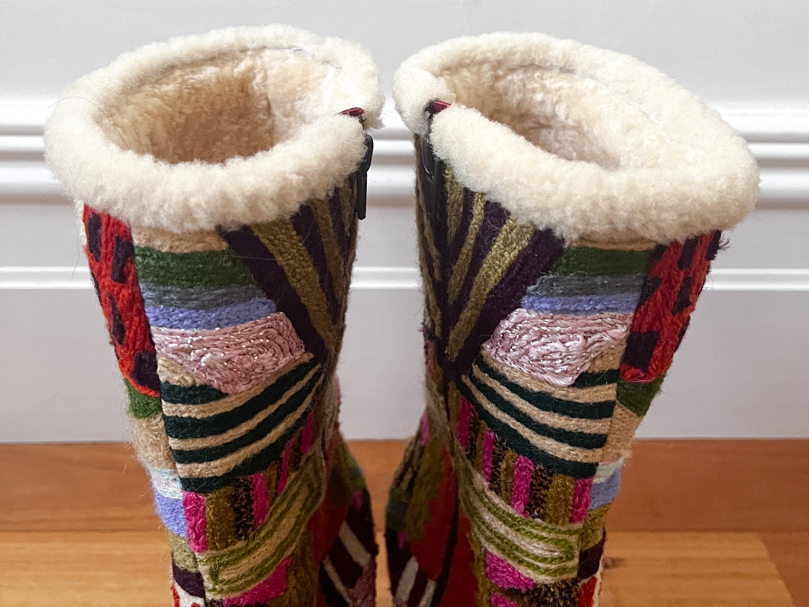 Vintage Anna Sui Embroidered Multicoloured Wool & Shearling Boots ...