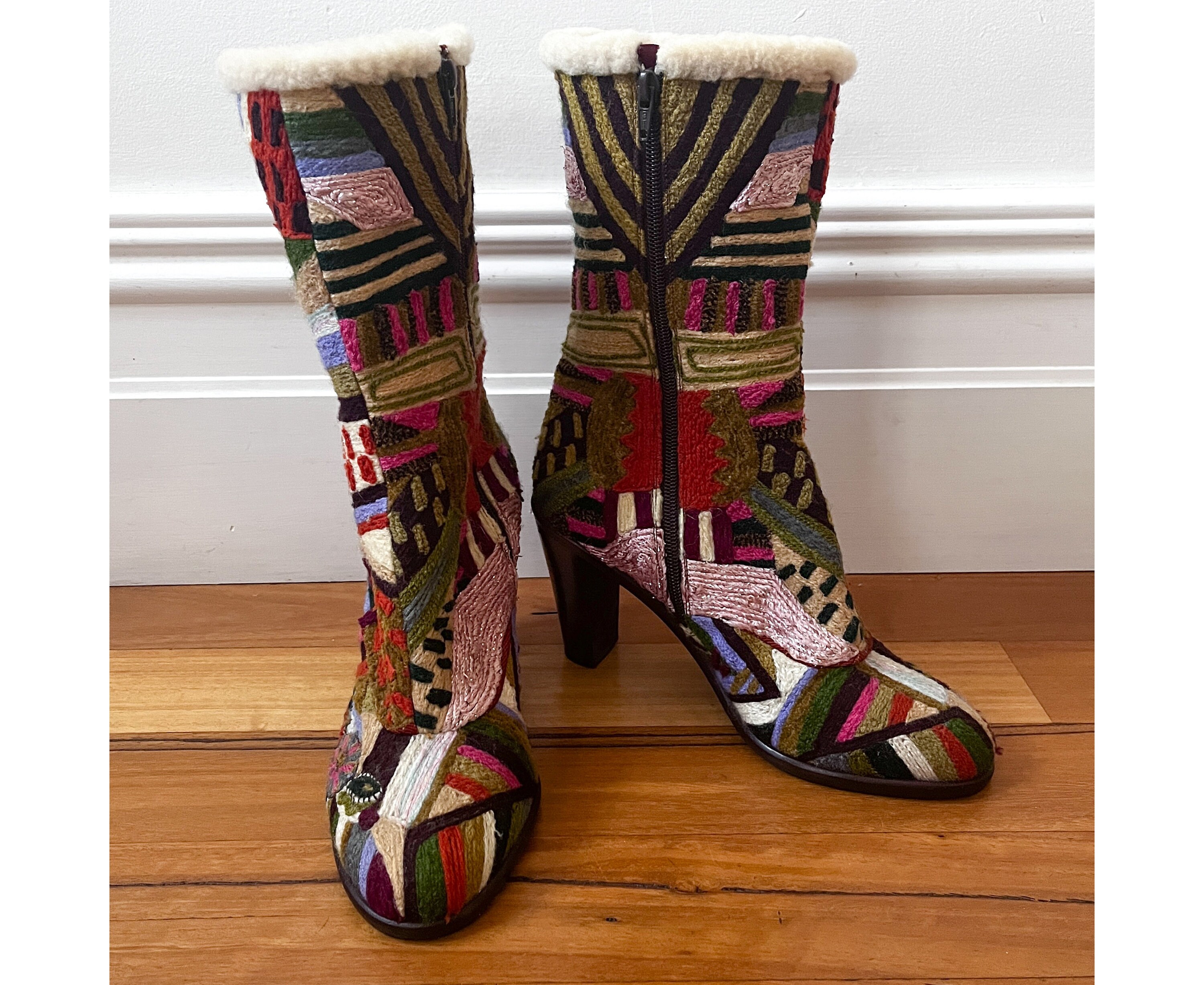 Vintage Anna Sui Embroidered Multicoloured Wool & Shearling Boots ...