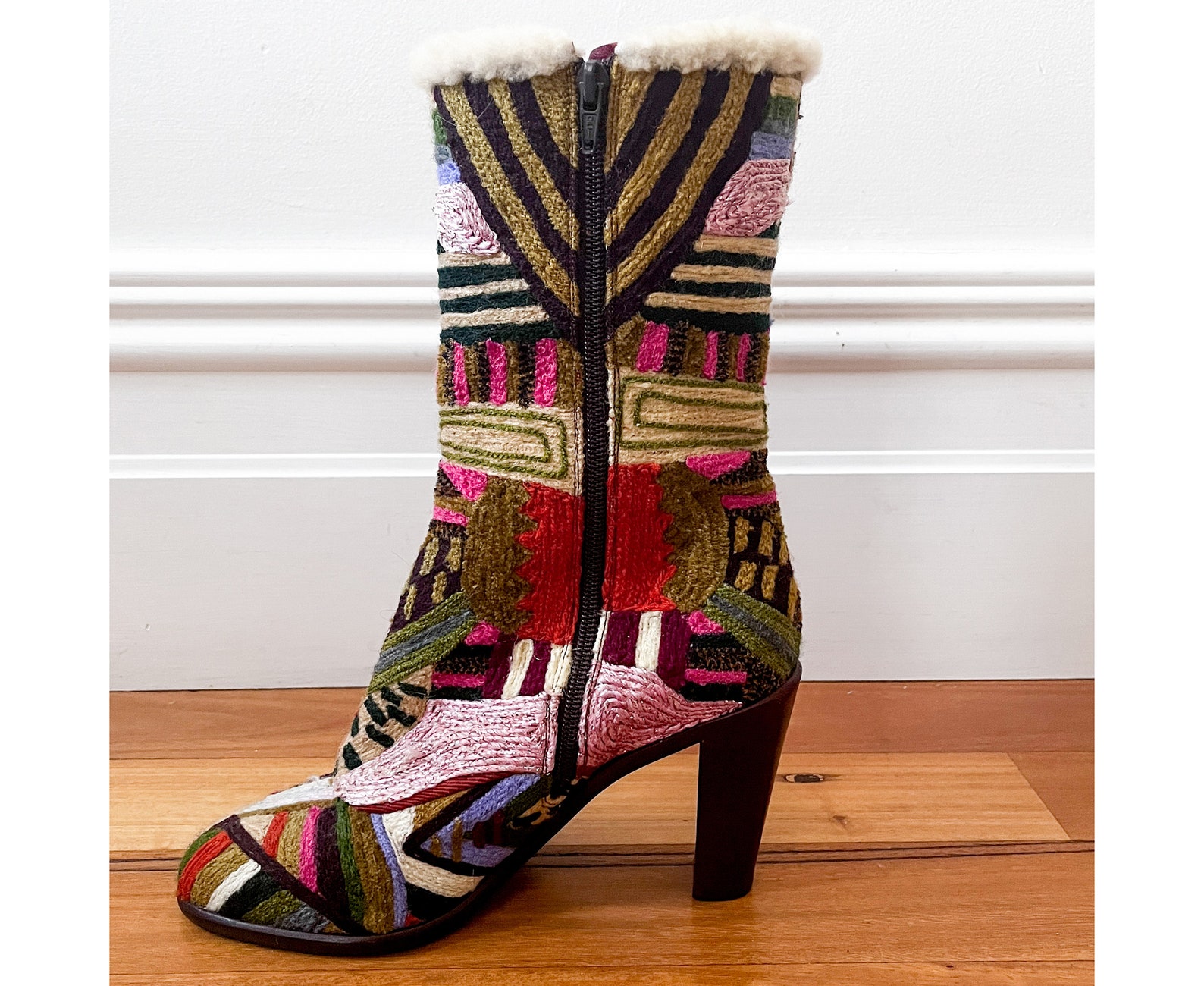 Vintage Anna Sui Embroidered Multicoloured Wool & Shearling Boots ...
